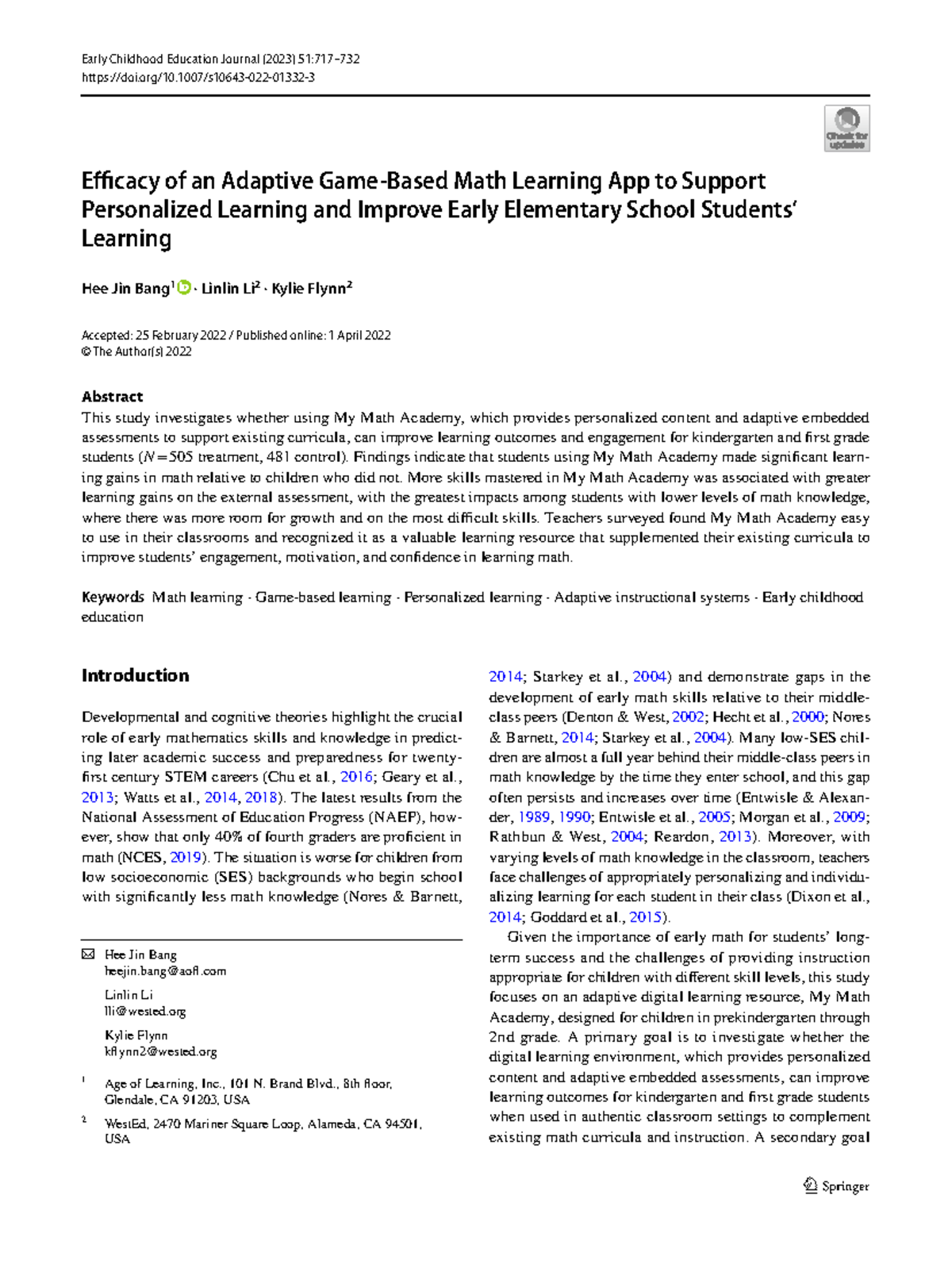 Efcacy of an Adaptive Game‑Based Math Learning App to Support - Vol.:(0123456789)1 3 - Studocu