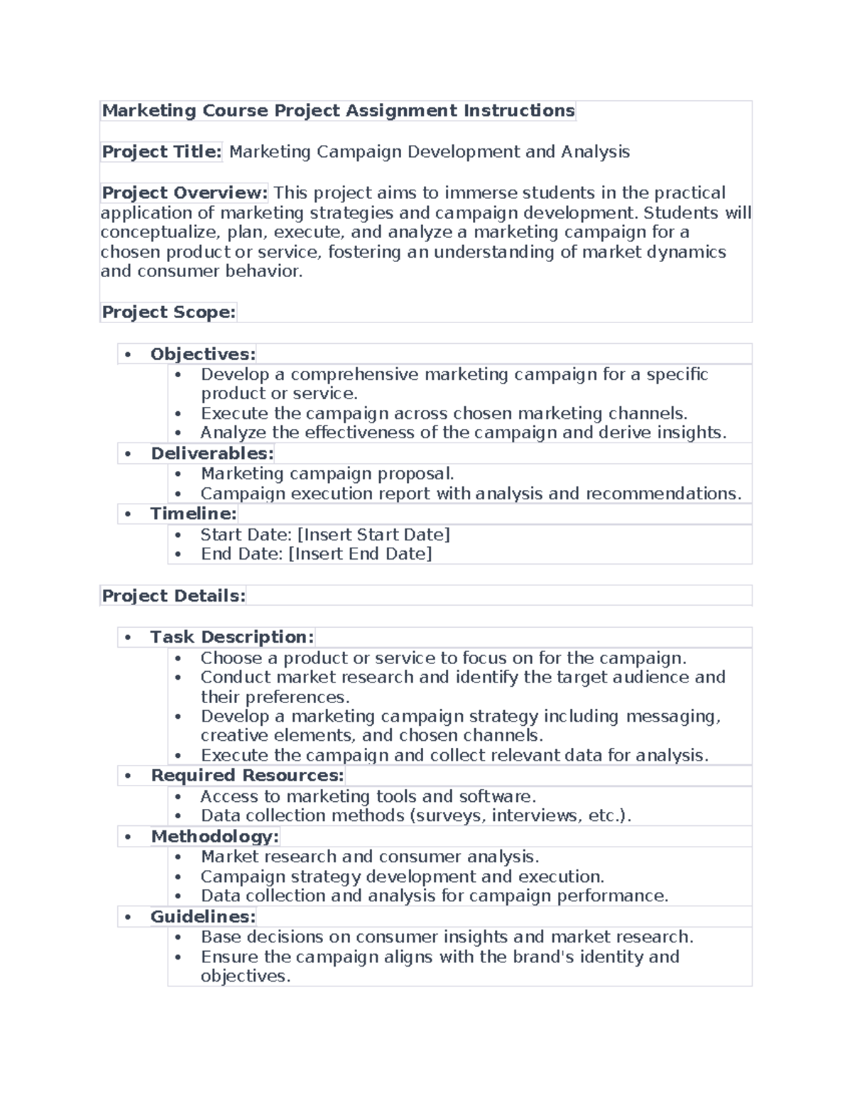 Marketing Course Project Assignment Instructions - Students will ...