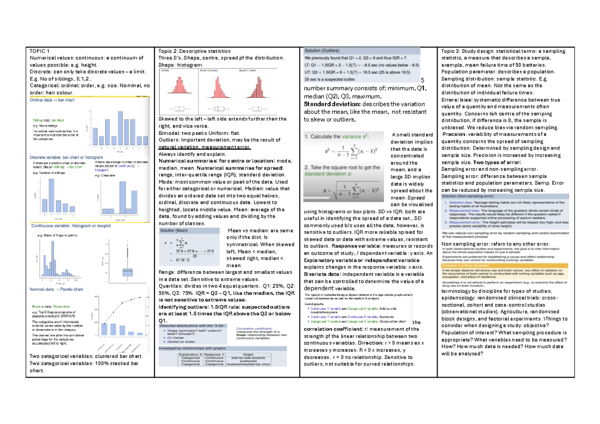 Stats cheat sheet - TOPIC 1 Numerical values: continuous: a continuum ...