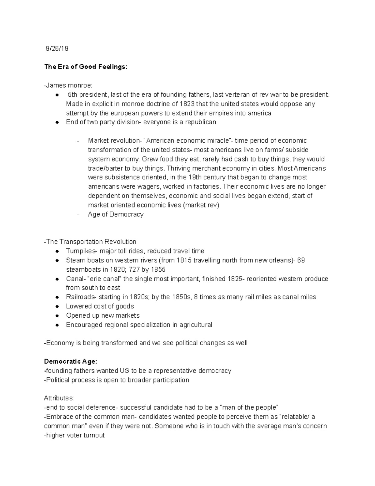 HIstory-2 - class notes - 9/26/ The Era of Good Feelings: -James monroe ...