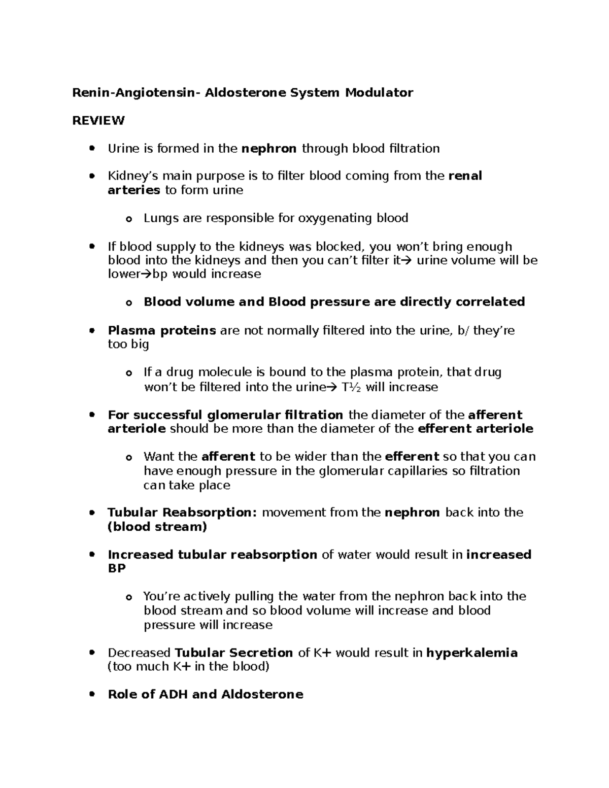 Secton 1 RAAS - lecture notes - Renin-Angiotensin- Aldosterone System ...