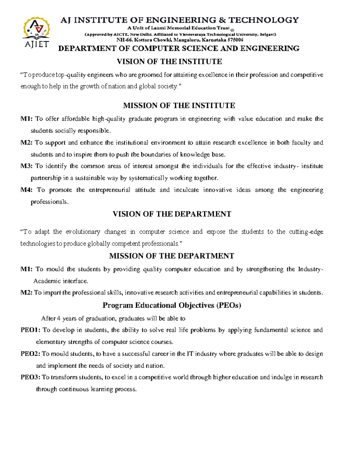 Front Sheet lab Vision- Mission-PEO-PO-PSO - VISION OF THE INSTITUTE ...