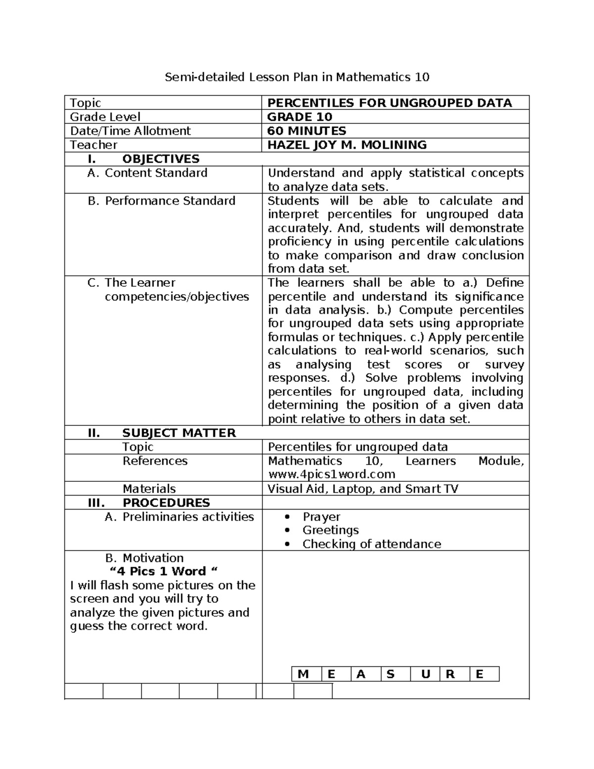 Semidetailed Lesson PLAN Molining - Semi-detailed Lesson Plan in Mathematics 10 Topic ...