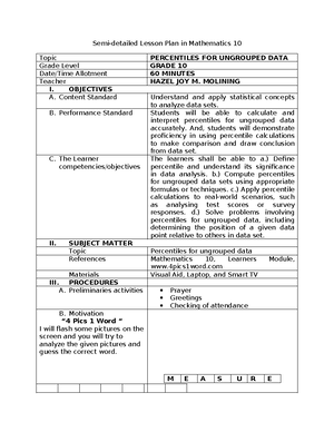 Semi Detailed Lesson Plan - Semi-detailed Lesson Plan in Mathematics 10 Topic Percentiles for ...