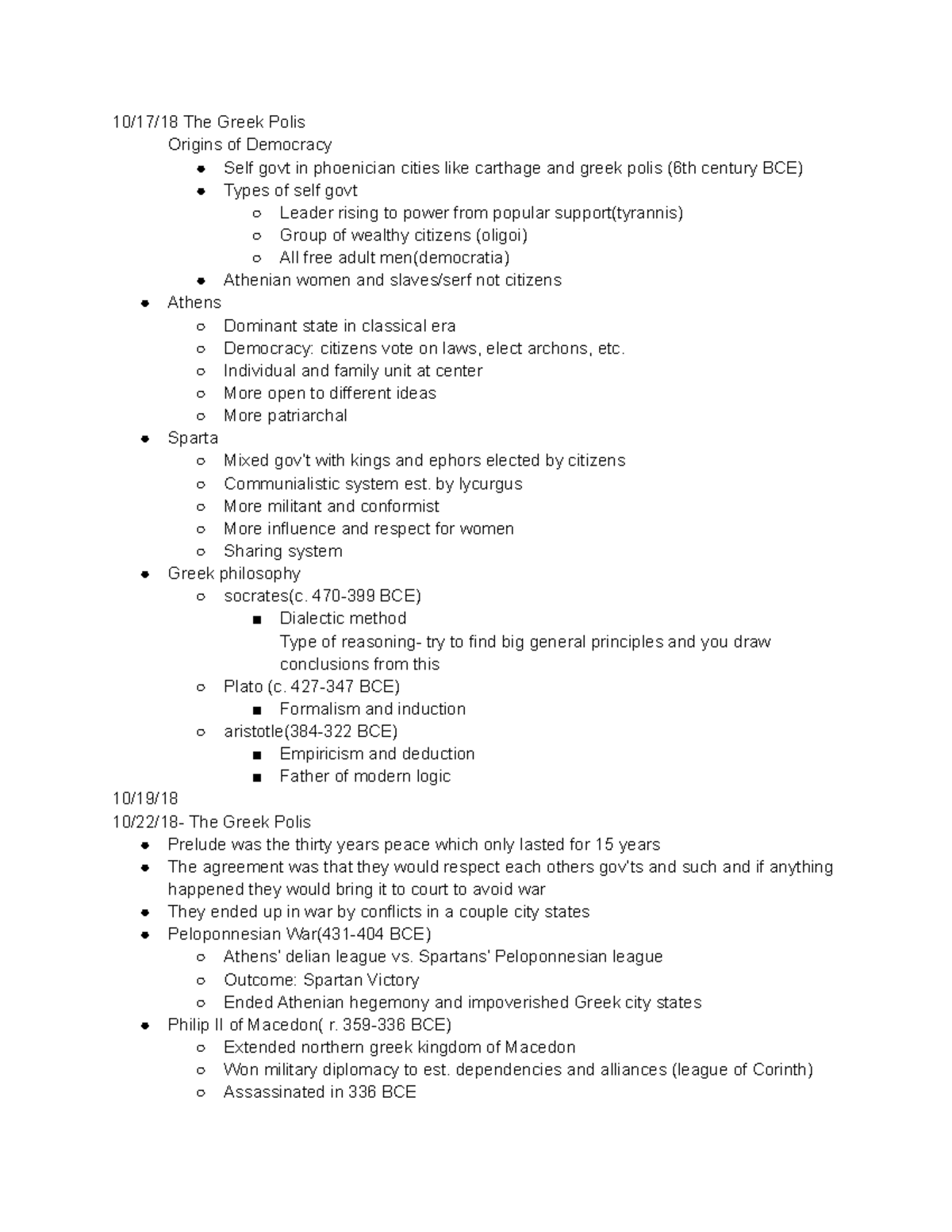 World Civ Notes 2 - 10/17/18 The Greek Polis Origins of Democracy Self ...