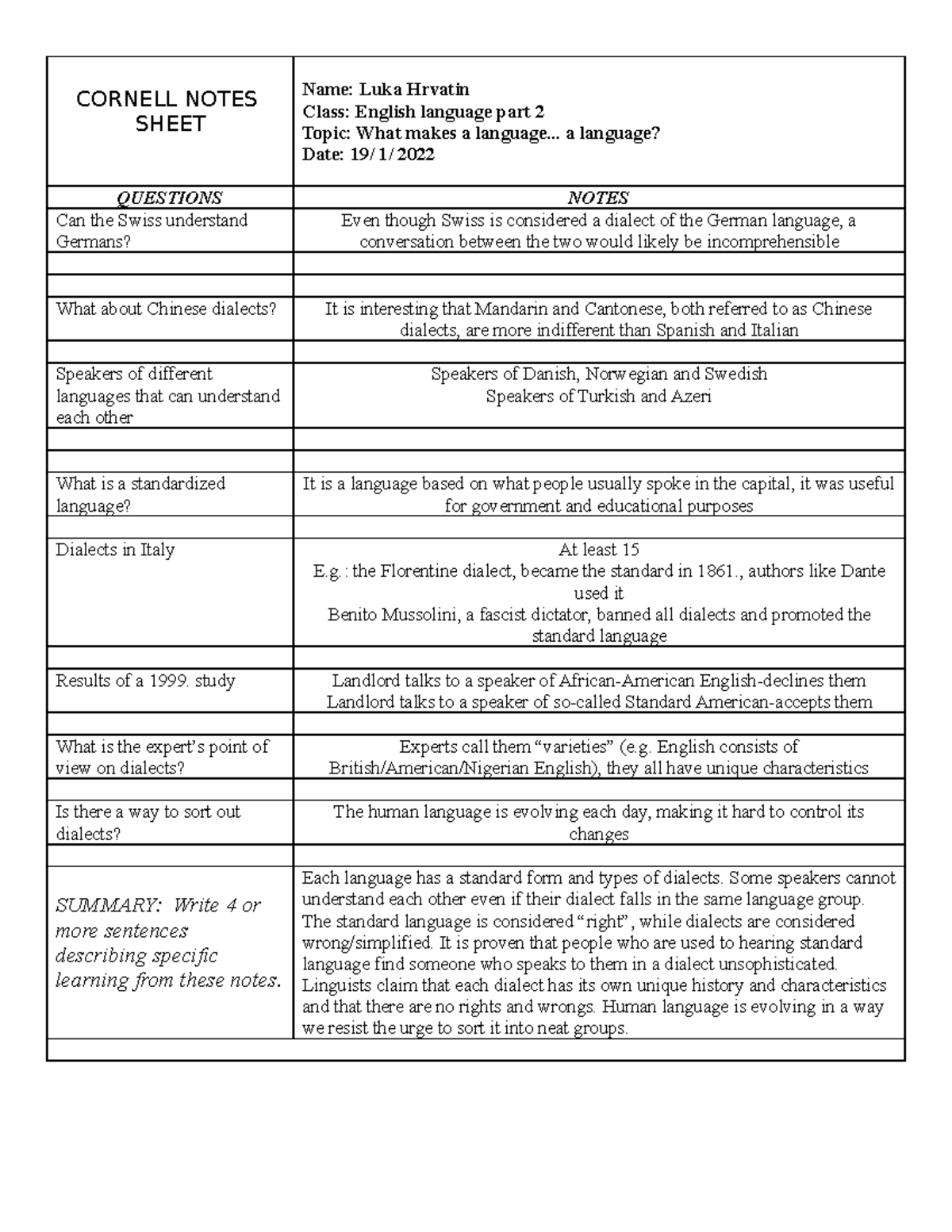 Cornell Notetaking Template 06 - CORNELL NOTES SHEET Name: Luka Hrvatin ...