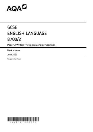 English Practice exam 4 - GCSE ENGLISH LANGUAGE 8700/ Paper 2 Writers ...
