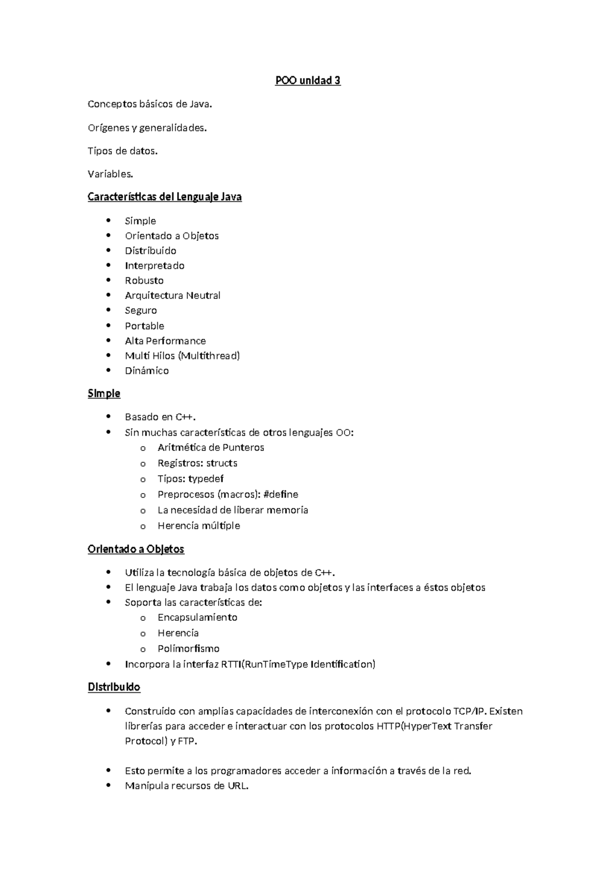 POO unidad 3 - resumen - POO unidad 3 Conceptos básicos de Java. Orígenes y generalidades. Tipos ...
