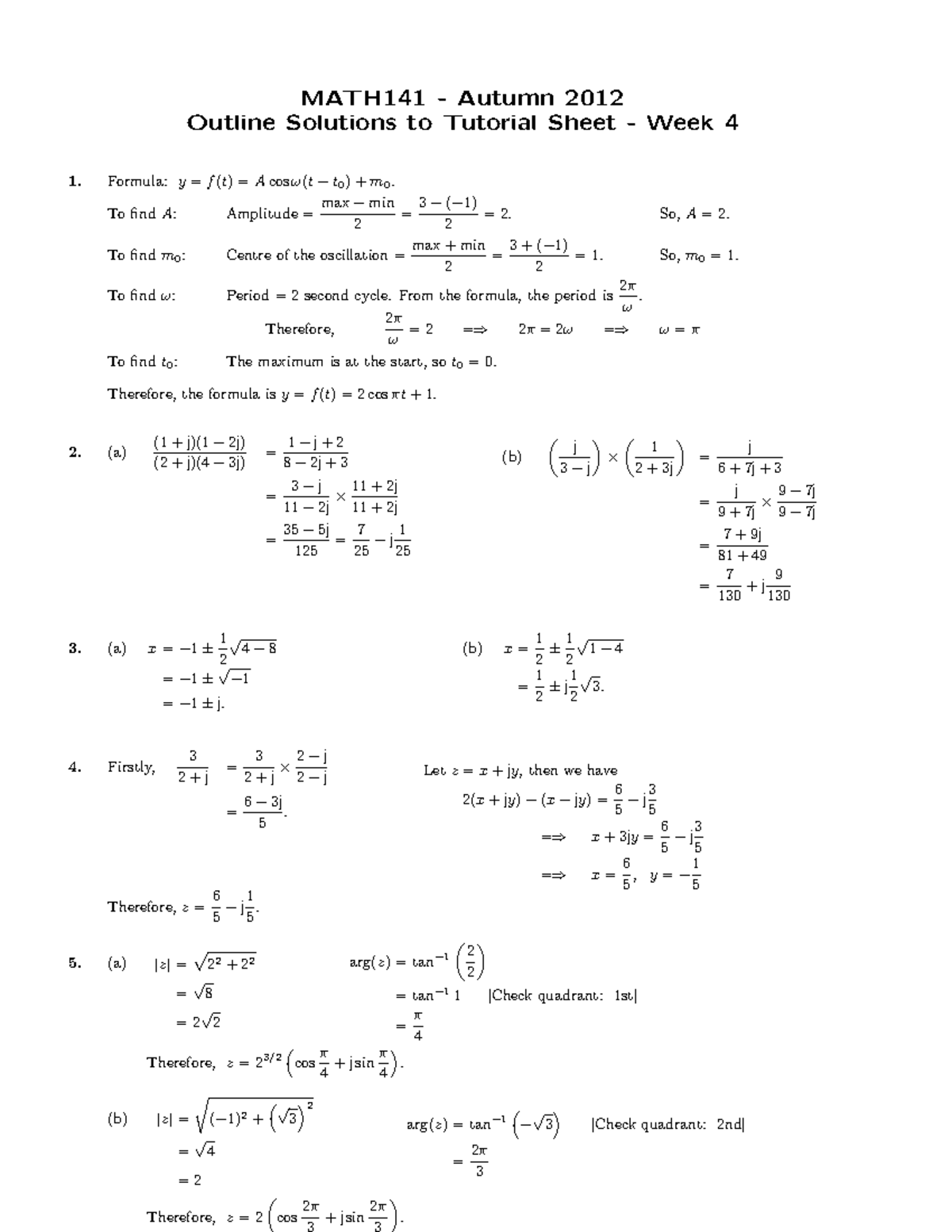 MATH141 Tutorial Solutions - MATH141 - Autumn 2012 Outline Solutions to ...