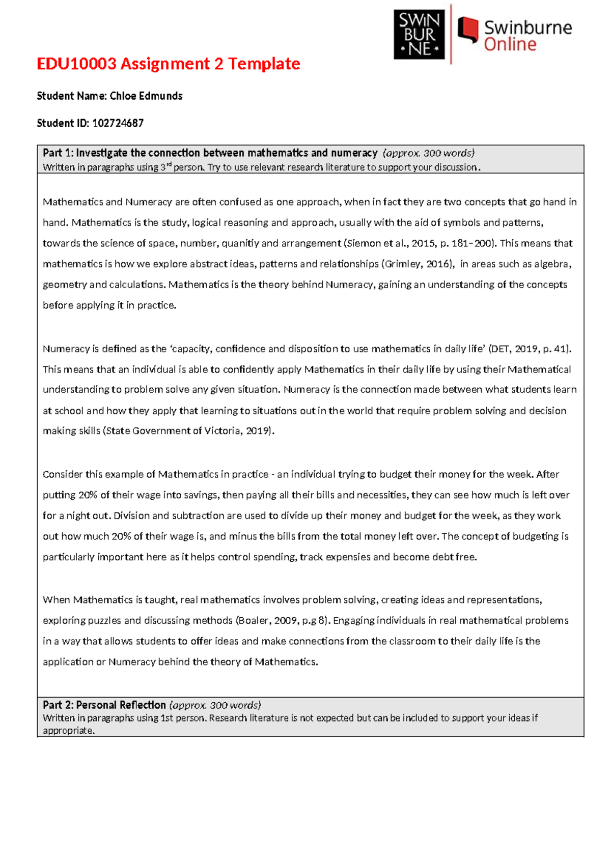 EDU10003 Assignment 2 Reflection Template Student 102724687 Chloe Edmunds - EDU10003 Assignment ...
