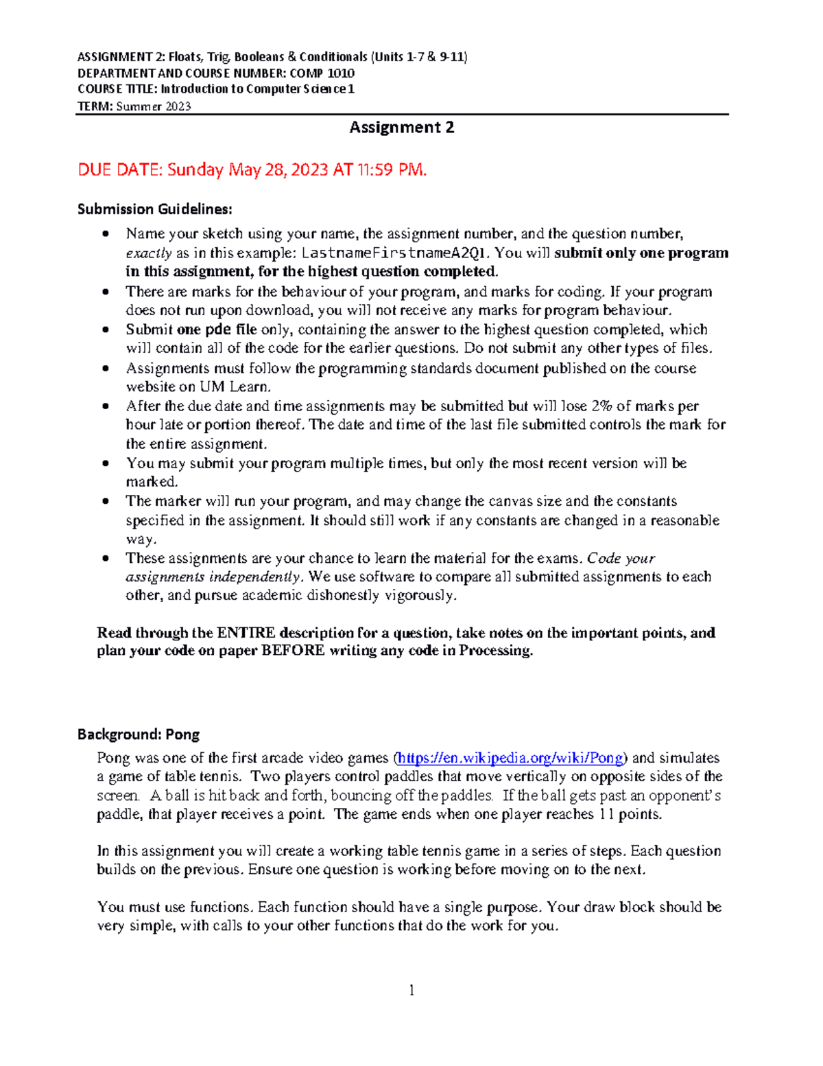 Assignment 2-COMP1010-Summer 2023 - ASSIGNMENT 2: Floats, Trig ...