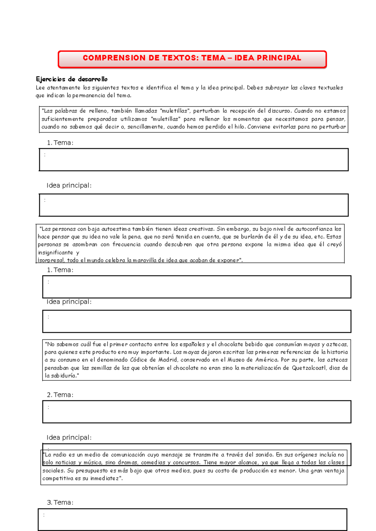 Comprensión DE Textos EL TEMA, IDEA Principal - COMPRENSION DE TEXTOS ...