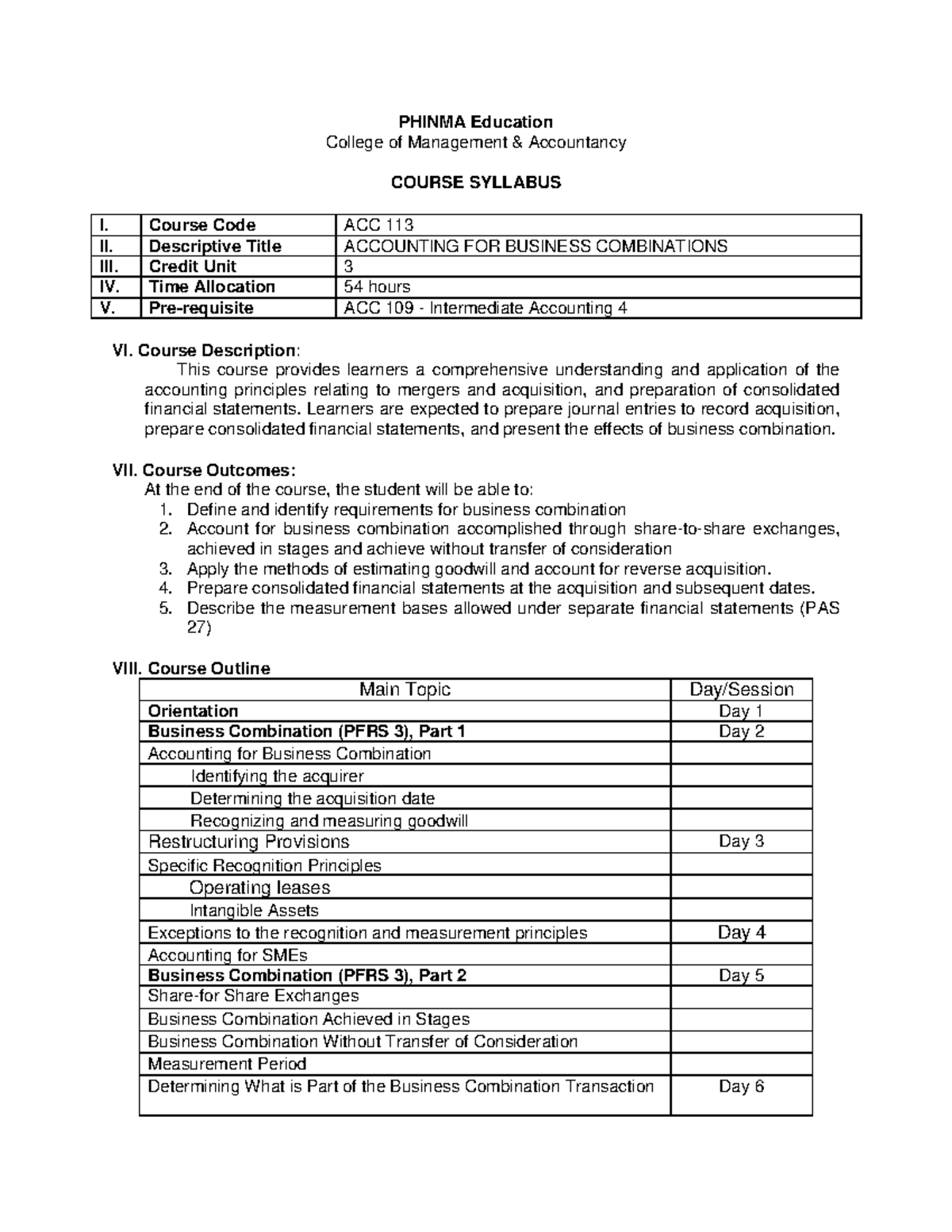 ACC 113 Course Outline - ACC 110 ACC 112 ACC 113 ACC 139 BAM 208 BAM ...