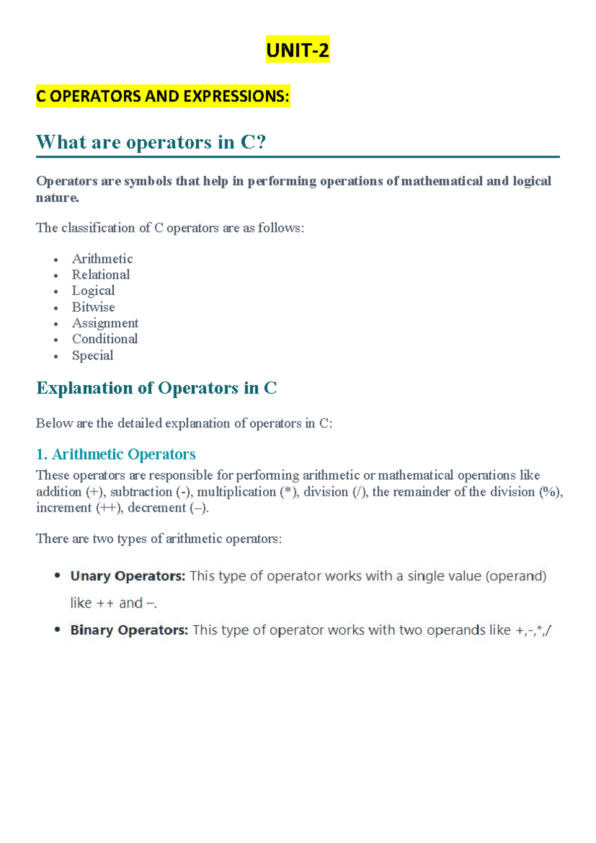 UNIT 2-C - Summary Pediatric Nephrology - UNIT- C OPERATORS AND EXPRESSIONS: What are operators ...