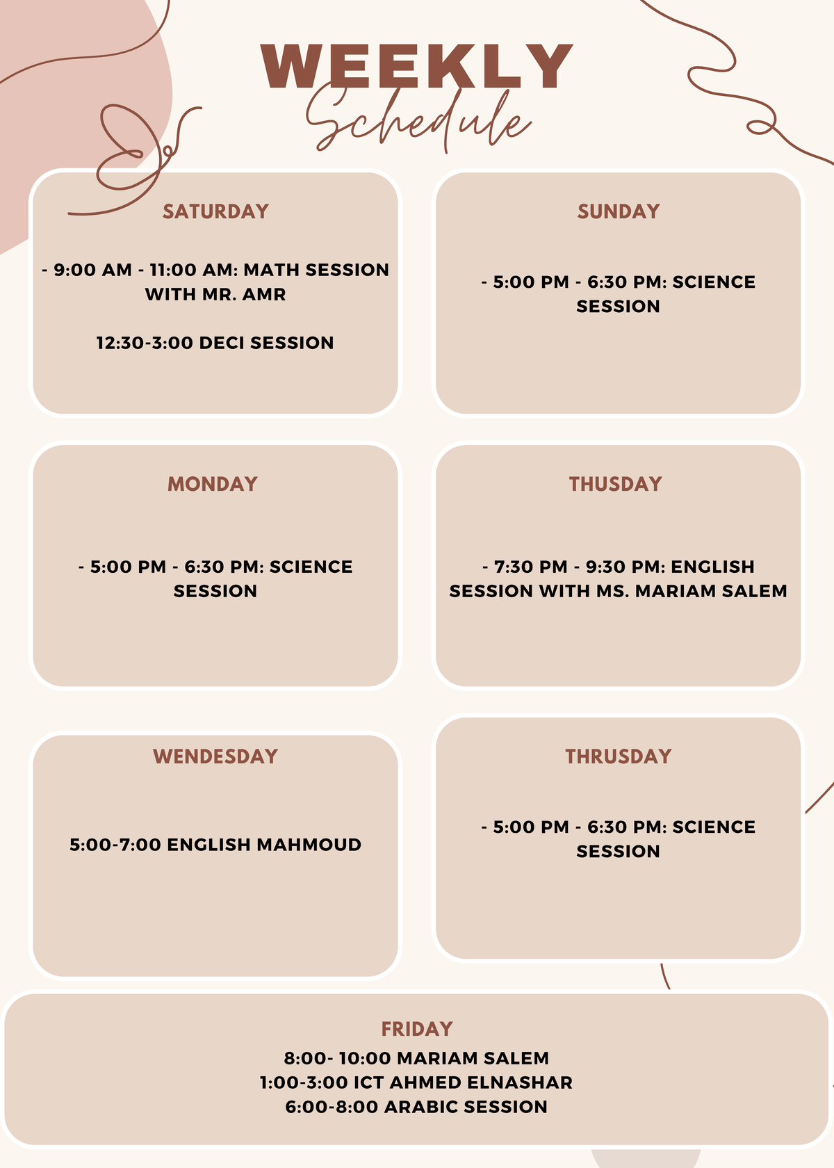 Brown Minimalist Weekly Schedule Poster - 9:00 AM - 11:00 AM: MATH ...
