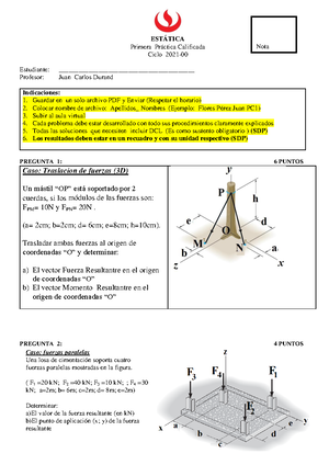 Parcial - Estática - Pc1 - Problema 01 (4 ptos): Determine las coordenadas (x, y) de la fuerza ...