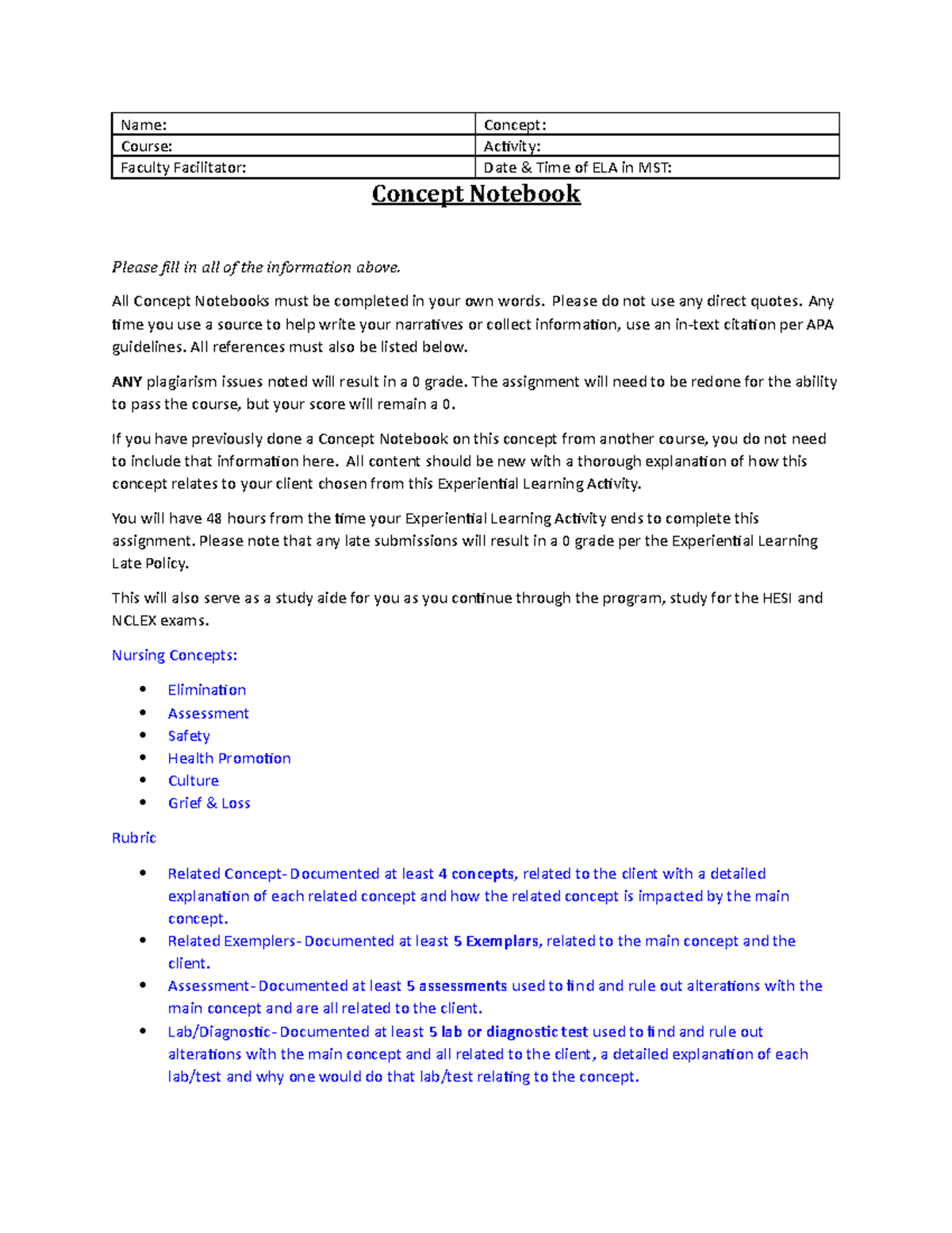 Post Work 4 Concept Notebook - Name: Concept: Course: Activity: Faculty ...