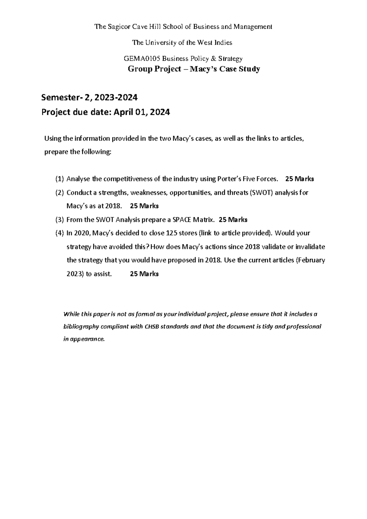 GEMA0105 BPS Group Project - Semester 2 2023-2024 - The Sagicor Cave Hill School of Business and ...