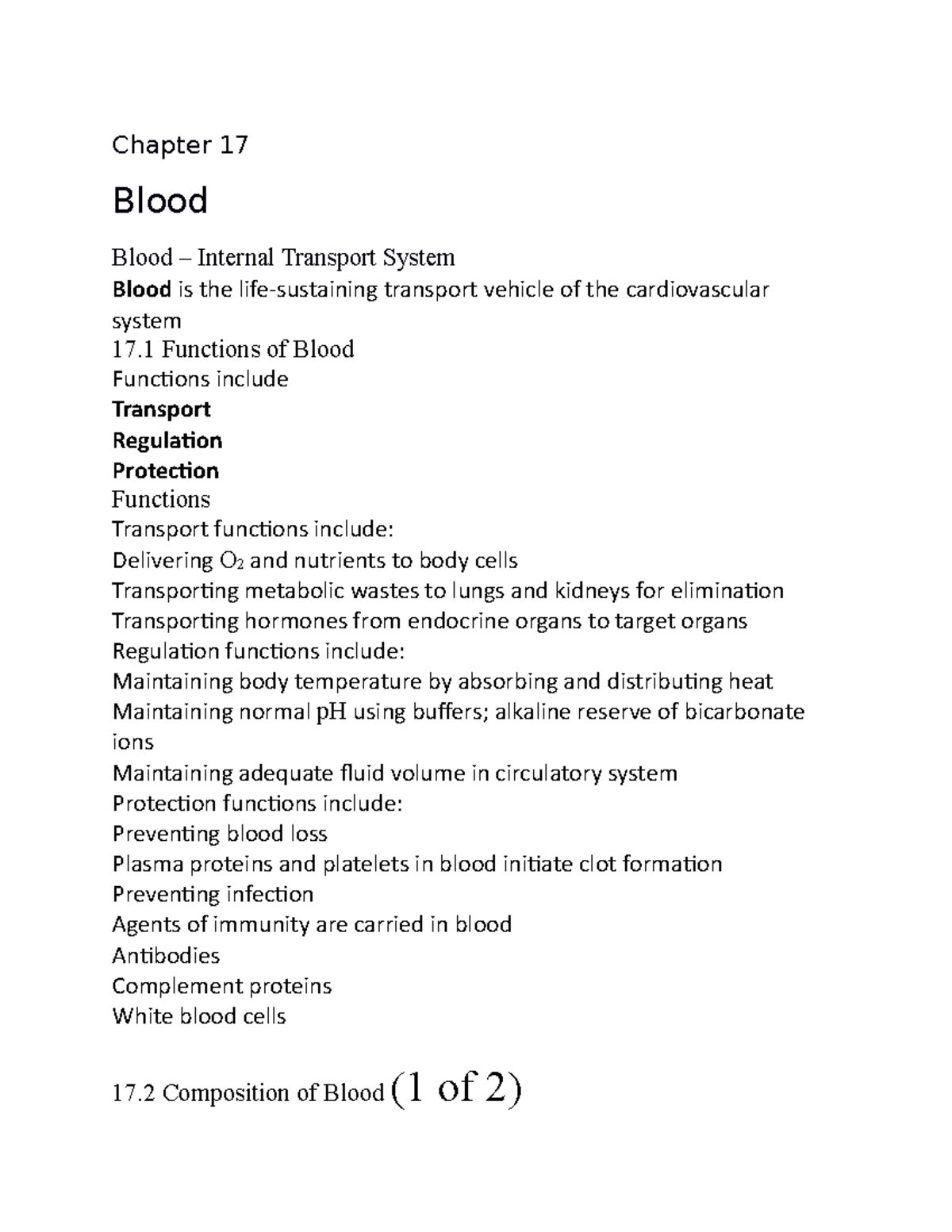 Chapter 17 Outline revised - Chapter 17 Blood Blood – Internal ...