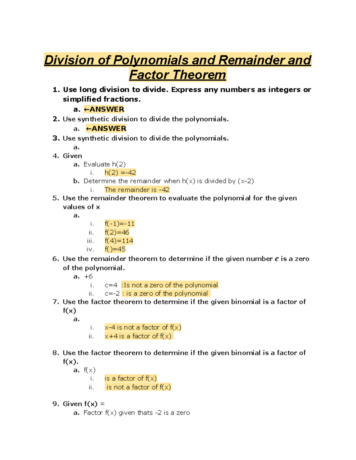 Division of Polynomials and Remainder and Factor Theorem - Use long ...