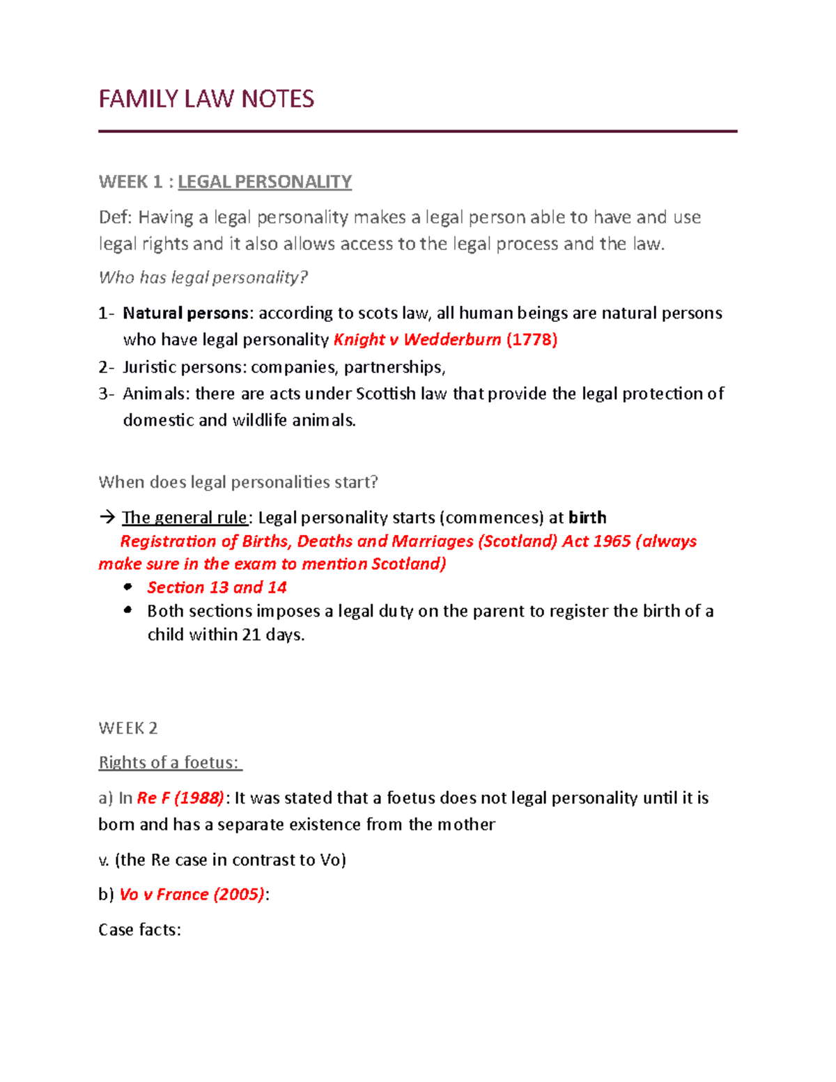 My family law notes - FAMILY LAW NOTES WEEK 1 : LEGAL PERSONALITY Def ...