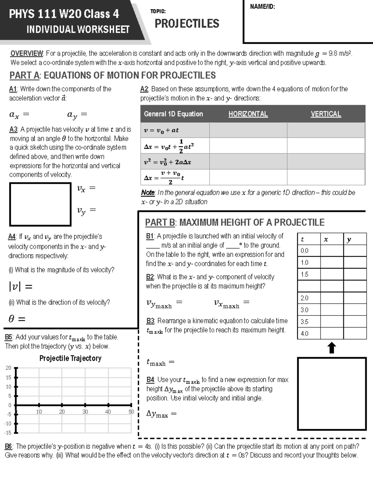 PHYS111 W20 Worksheet 04 Individual Projectiles Handout - Warning: TT ...