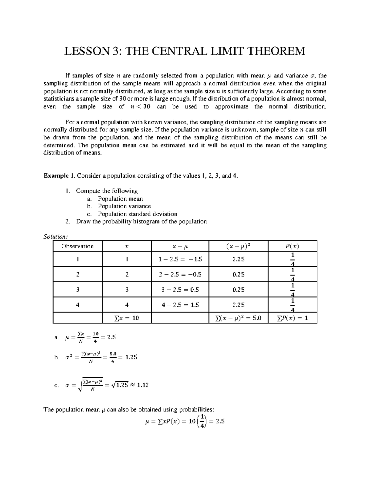 Lesson-3-Copy - past lecture from my school - LESSON 3: THE CENTRAL LIMIT THEOREM If samples of ...