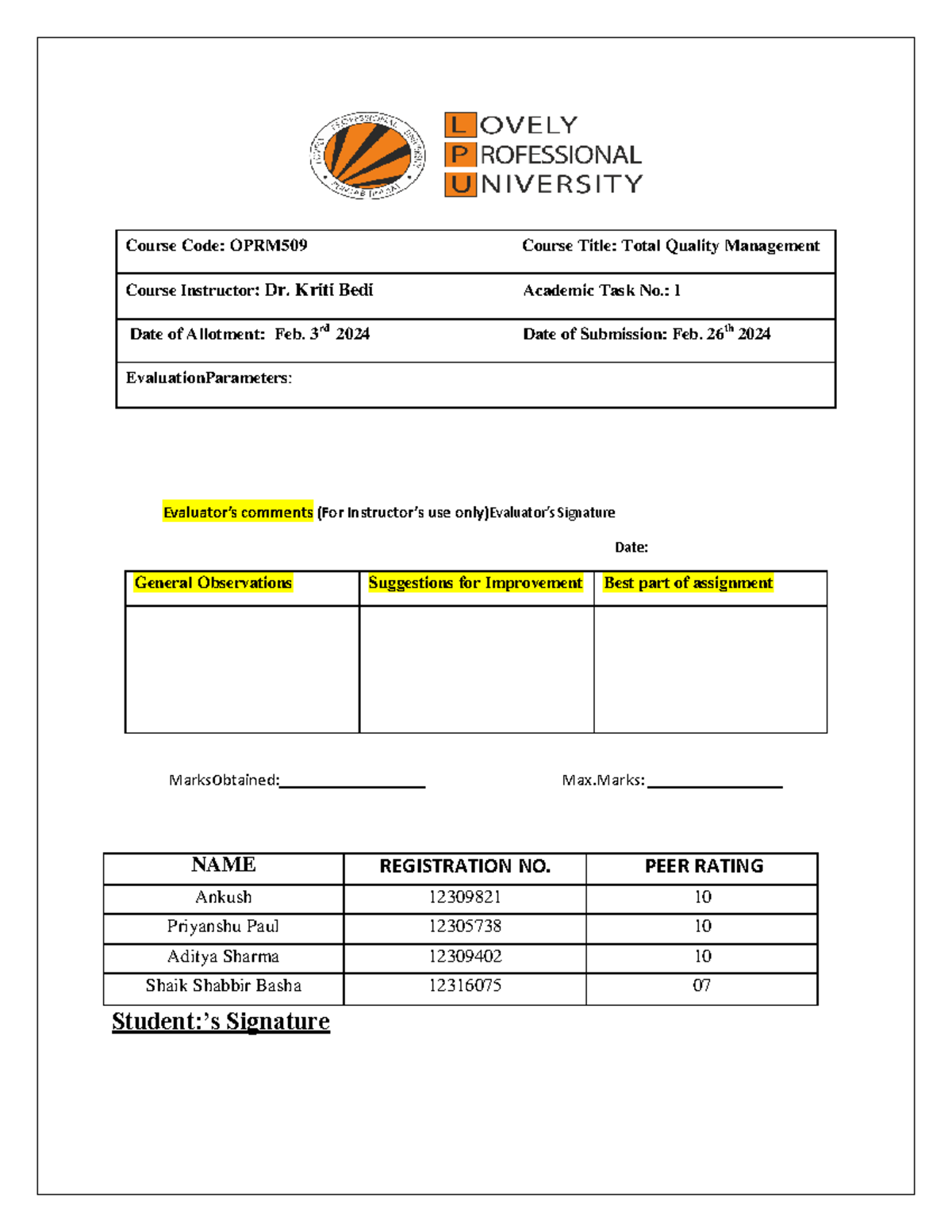 TQM Report 1 - Assignment - Evaluator’s comments (For Instructor’s use only)Evaluator’s ...