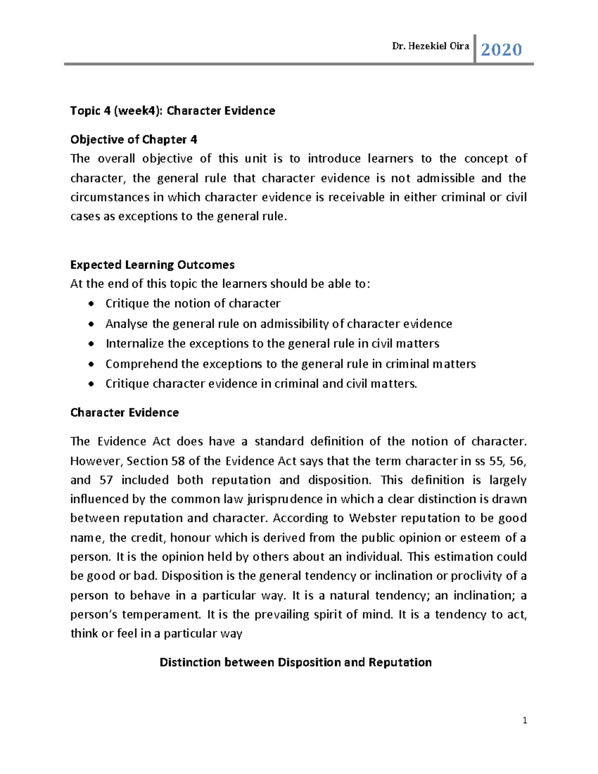 Topic 4 Character Evidence - 2020 Topic 4 (week4): Character Evidence ...