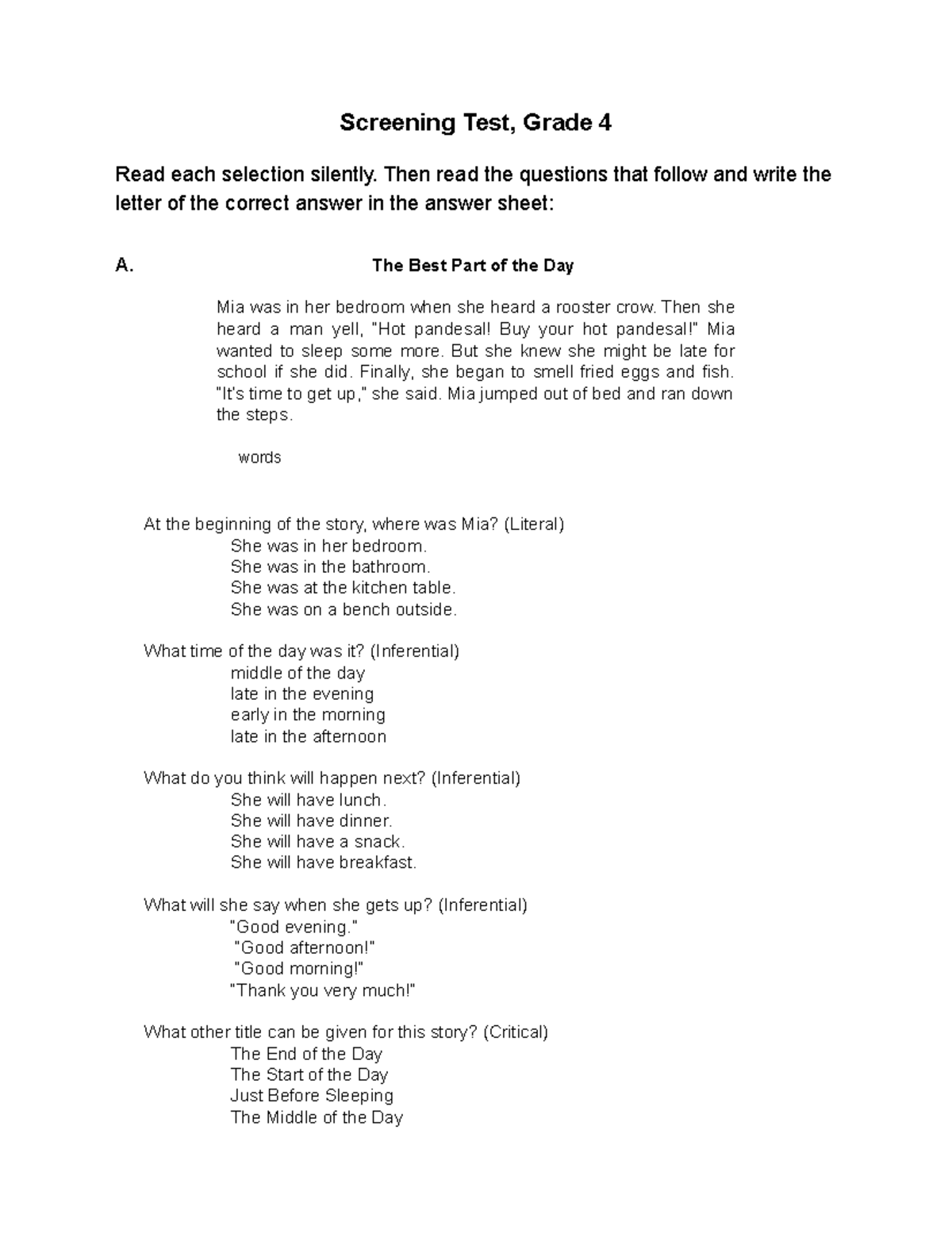 CI Reading Passage GR - for reference purposes - Screening Test, Grade ...