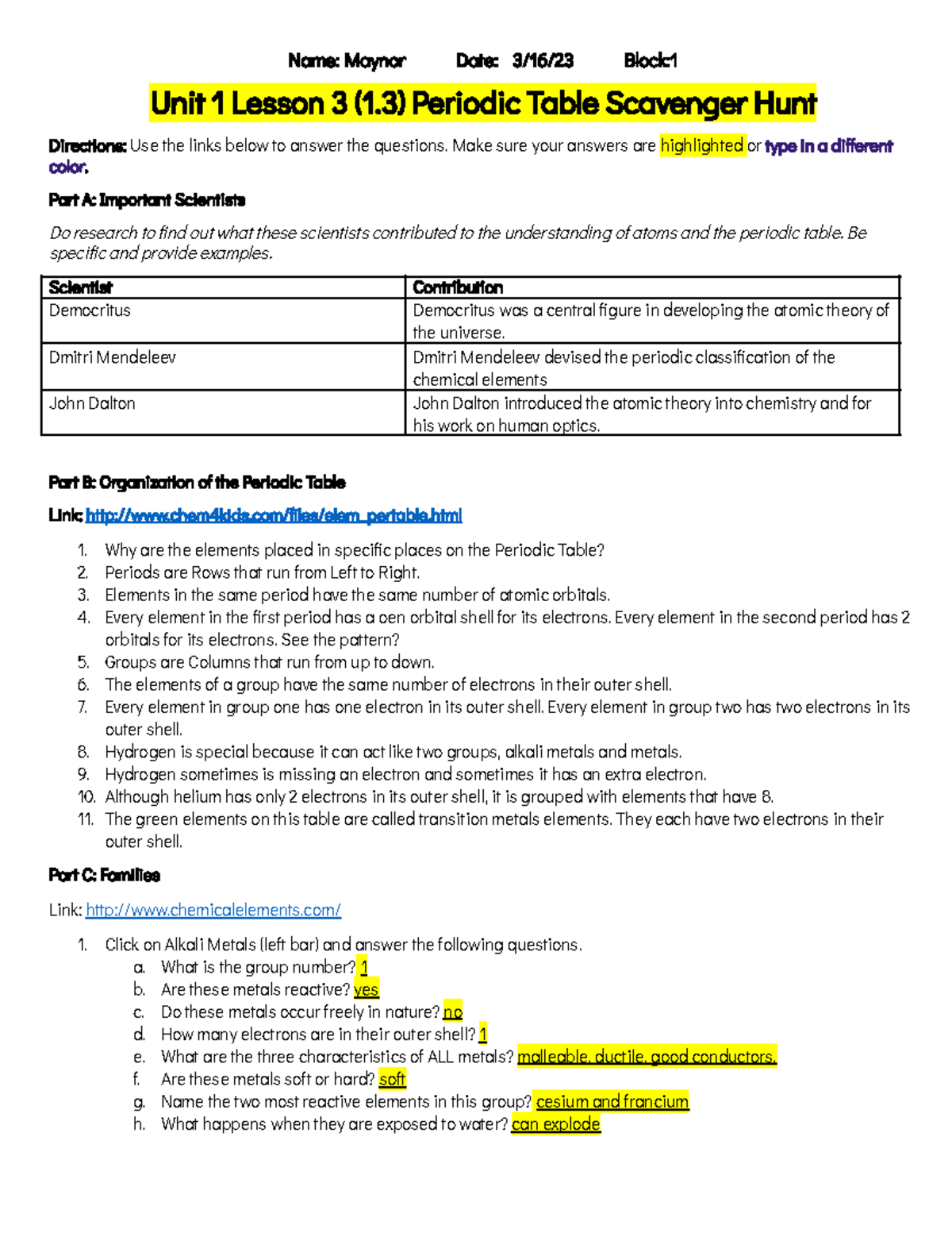 Scavenger hunt - Name: Maynor Date: 3/16/23 Block: Unit 1 Lesson 3 (1 ...