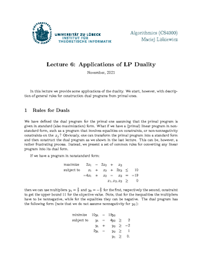 07 Lecture-Duality-Flow - Algorithmics (CS4000) Maciej Li ́skiewicz Lecture 7: LP Duality and ...