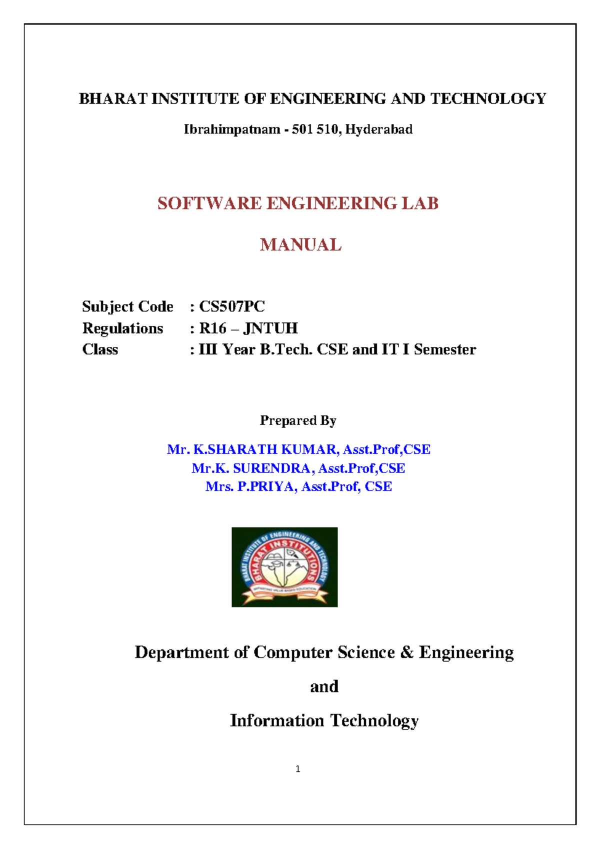 Software engineering LAB Manual (R16) - BHARAT INSTITUTE OF ENGINEERING AND TECHNOLOGY ...