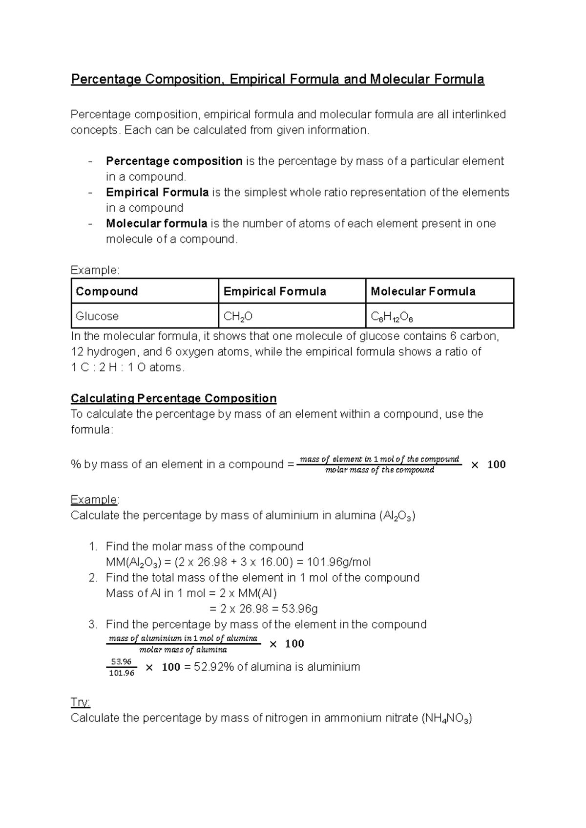 Percentage Composition, Empirical Fomula and Molecular Formula - Each ...