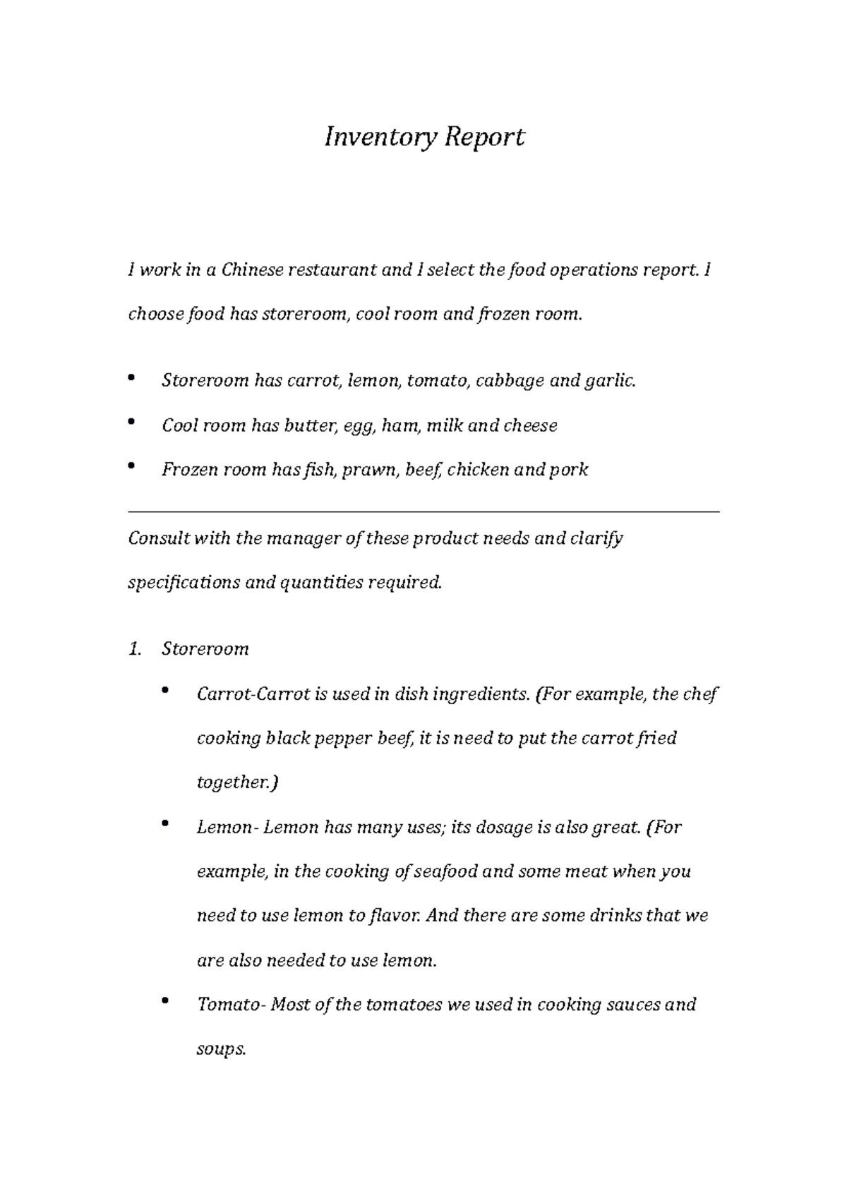 Inventory Report - I choose food has storeroom, cool room and frozen ...
