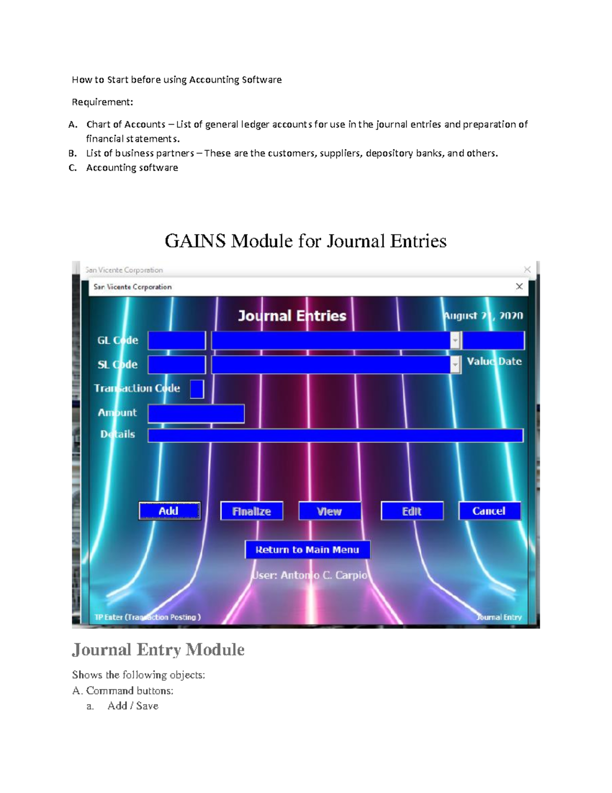 Gains Module for Journal Entries - How to Start before using Accounting ...