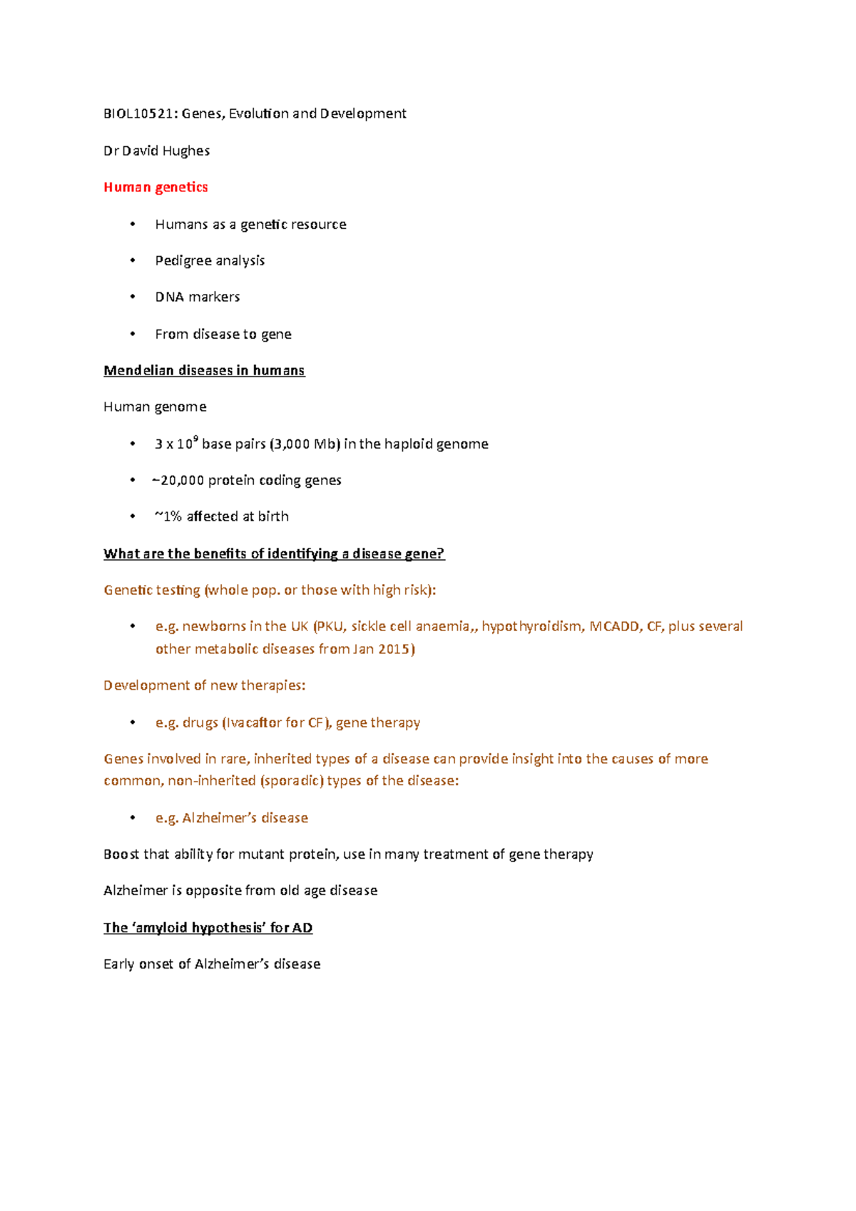 Lecture 13 - Human Genetics - BIOL10521: Genes, Evolution and ...