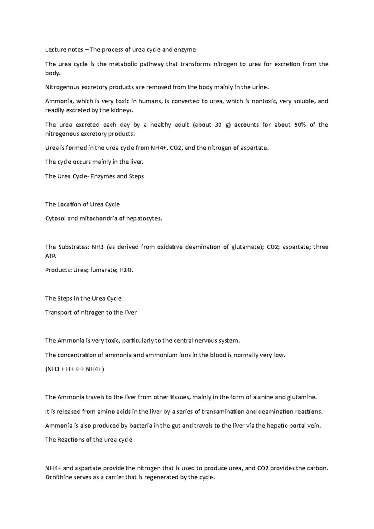 Lecture notes – The process of urea cycle and enzyme - Nitrogenous ...