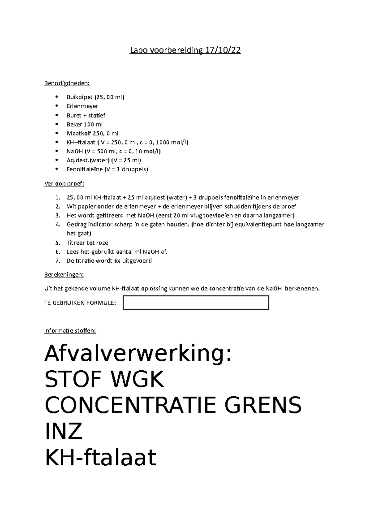 Labo voorbereiding 17-10-22 - Labo voorbereiding 17/10/ Benodigdheden ...