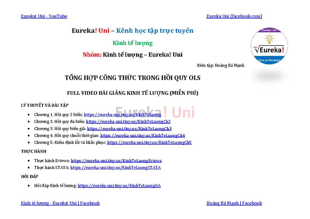 OLS - Tổng hợp công thức Eureka Uni - Eureka! Uni – Kênh học tập trực tuyến Kinh tế lượng Nhóm ...