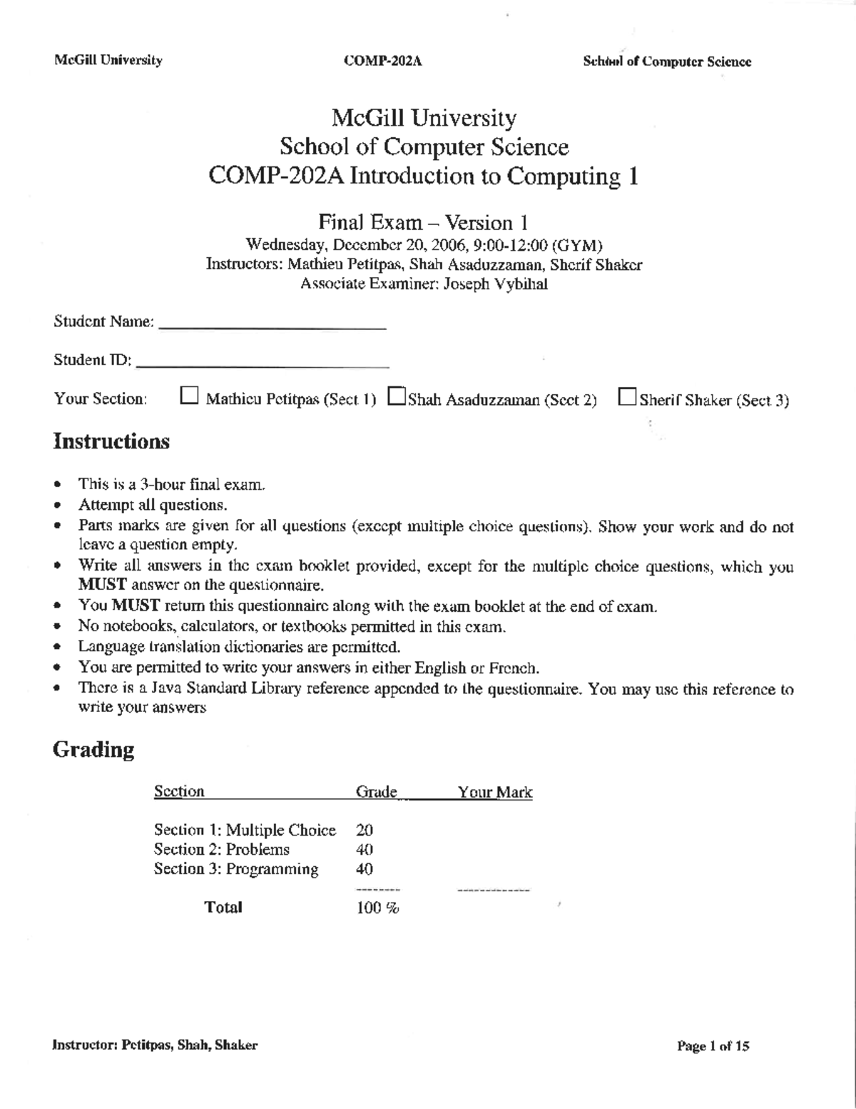 Final Fall 2006 - Practice/Exam - Comp 202 - Studocu