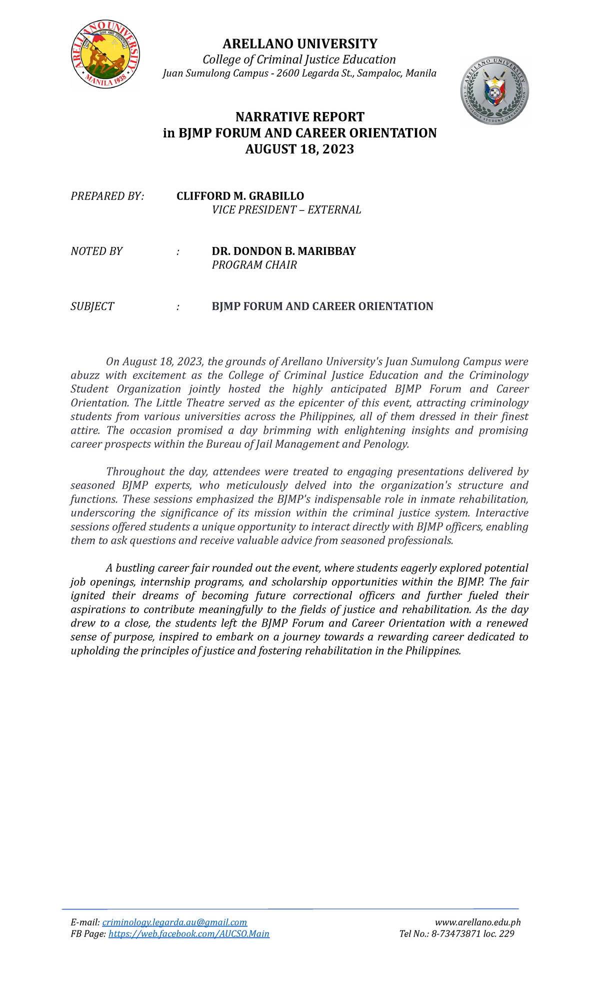 BJMP Narrative Report Updated - ARELLANO UNIVERSITY College of Criminal ...