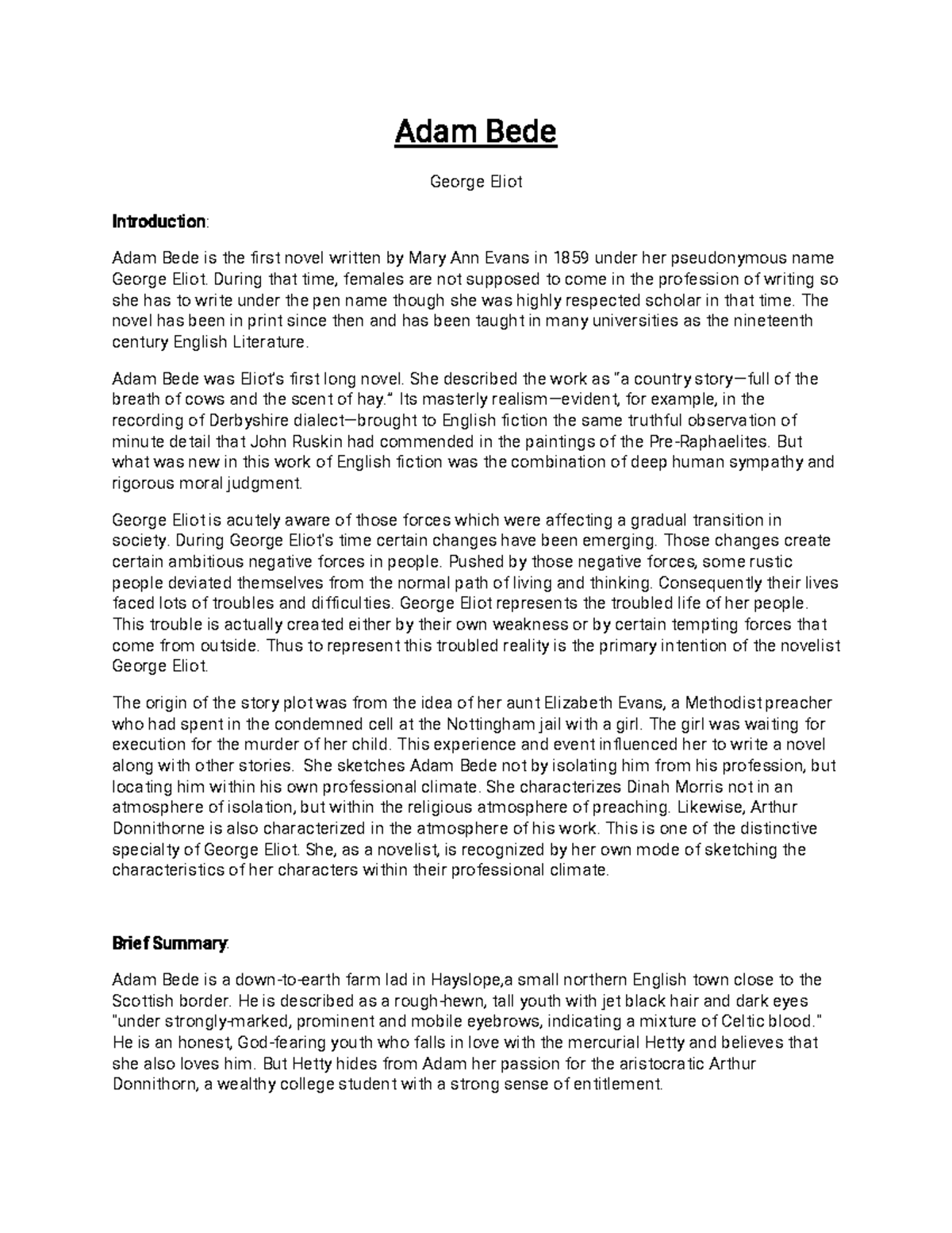 Adam Bede - Adam Bede GeorgeEliot Introduction: Adam ...