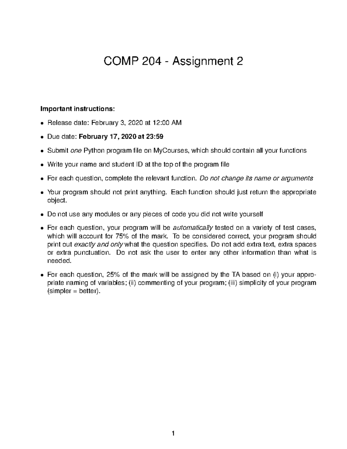 COMP 204 - Assignment 2 - COMP 204 - Assignment 2 Important instructions: Release date: February ...
