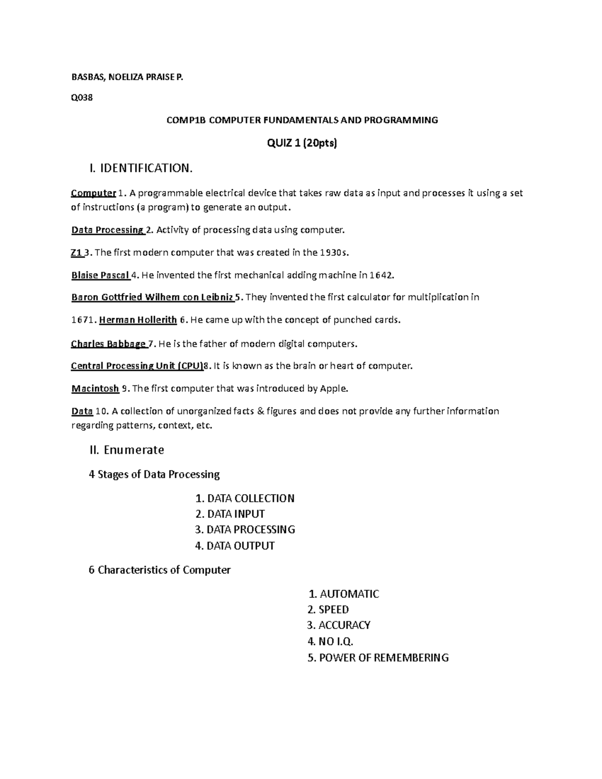 Basbas QUIZ 1 - COMP1B Computer Fundamentals AND Programming - BASBAS, NOELIZA PRAISE P. Q ...