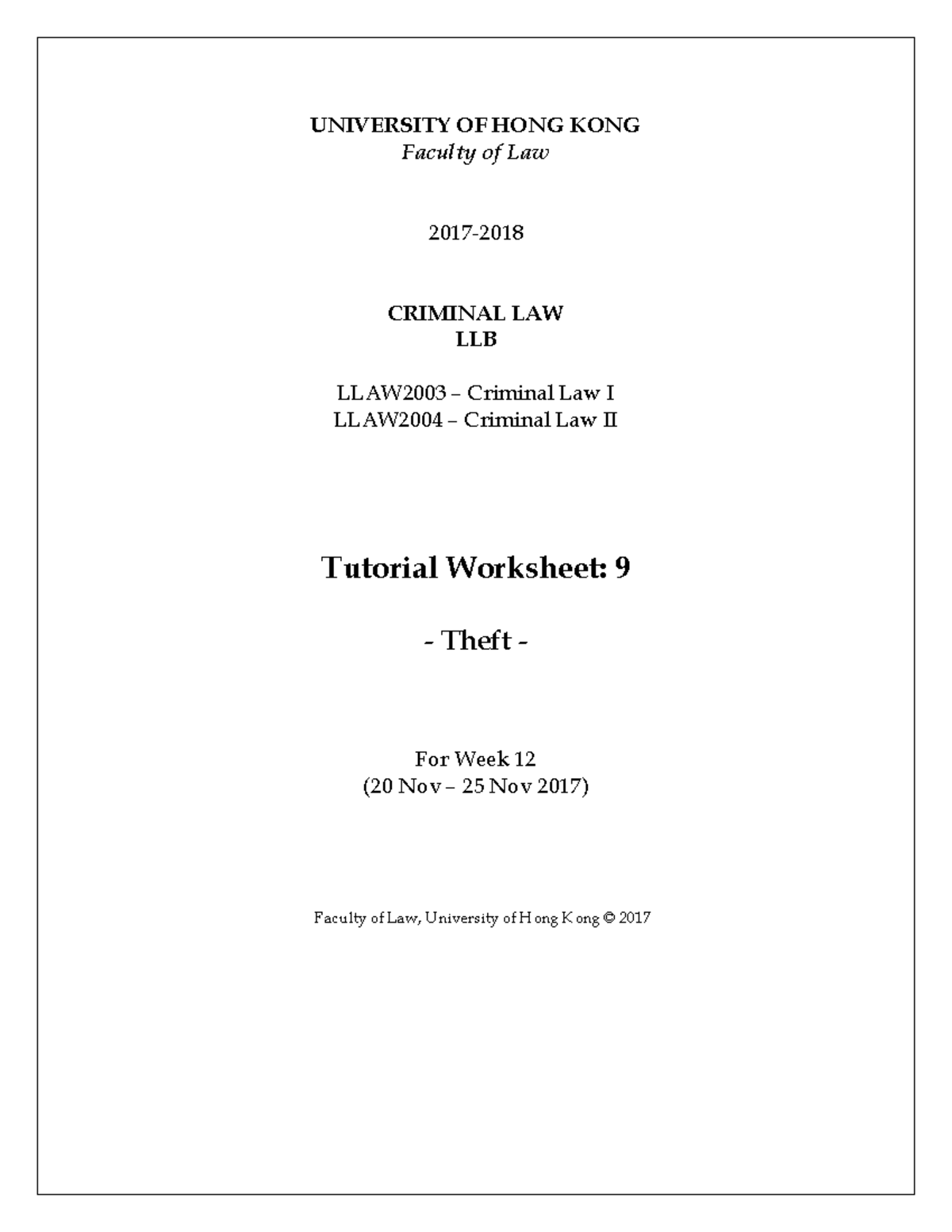 Crim 17-18 tute 9 theft copy - UNIVERSITY OF HONG KONG Faculty of Law ...
