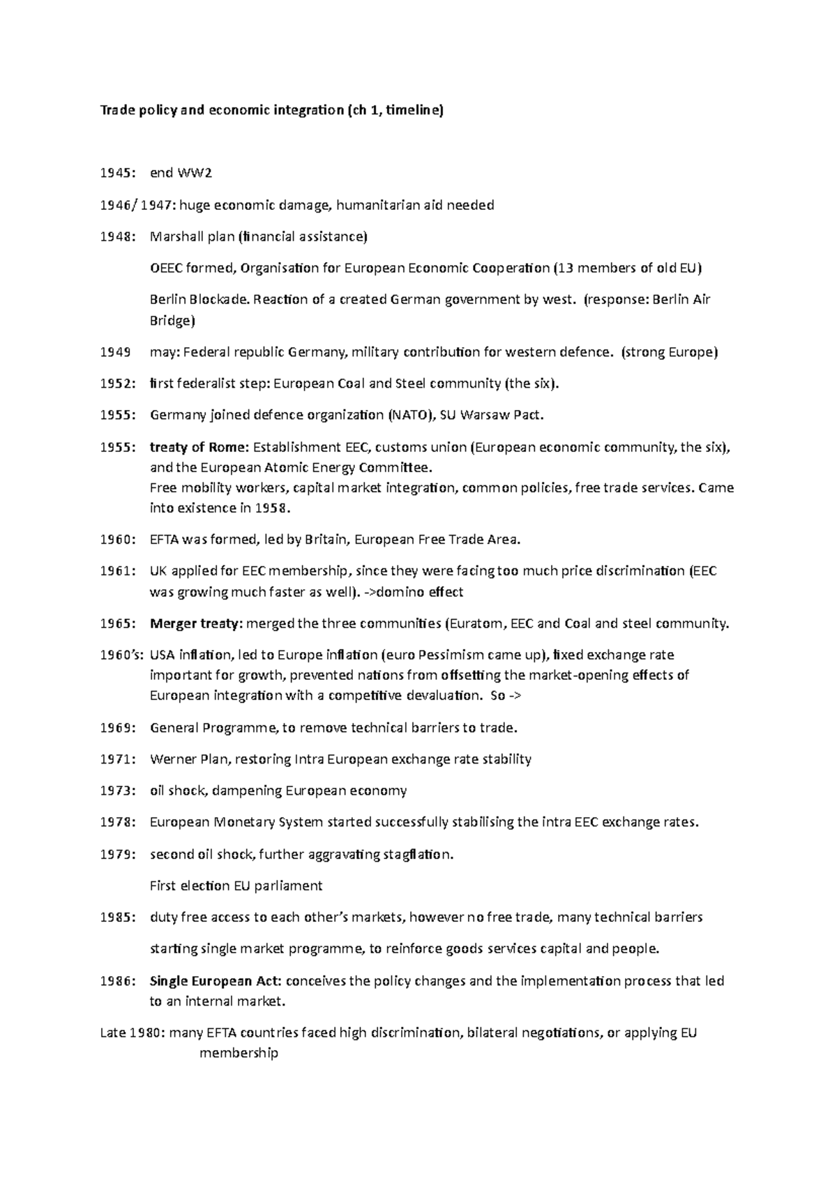 Timeline Chapter 1&2 - Trade policy and economic integration (ch 1 ...