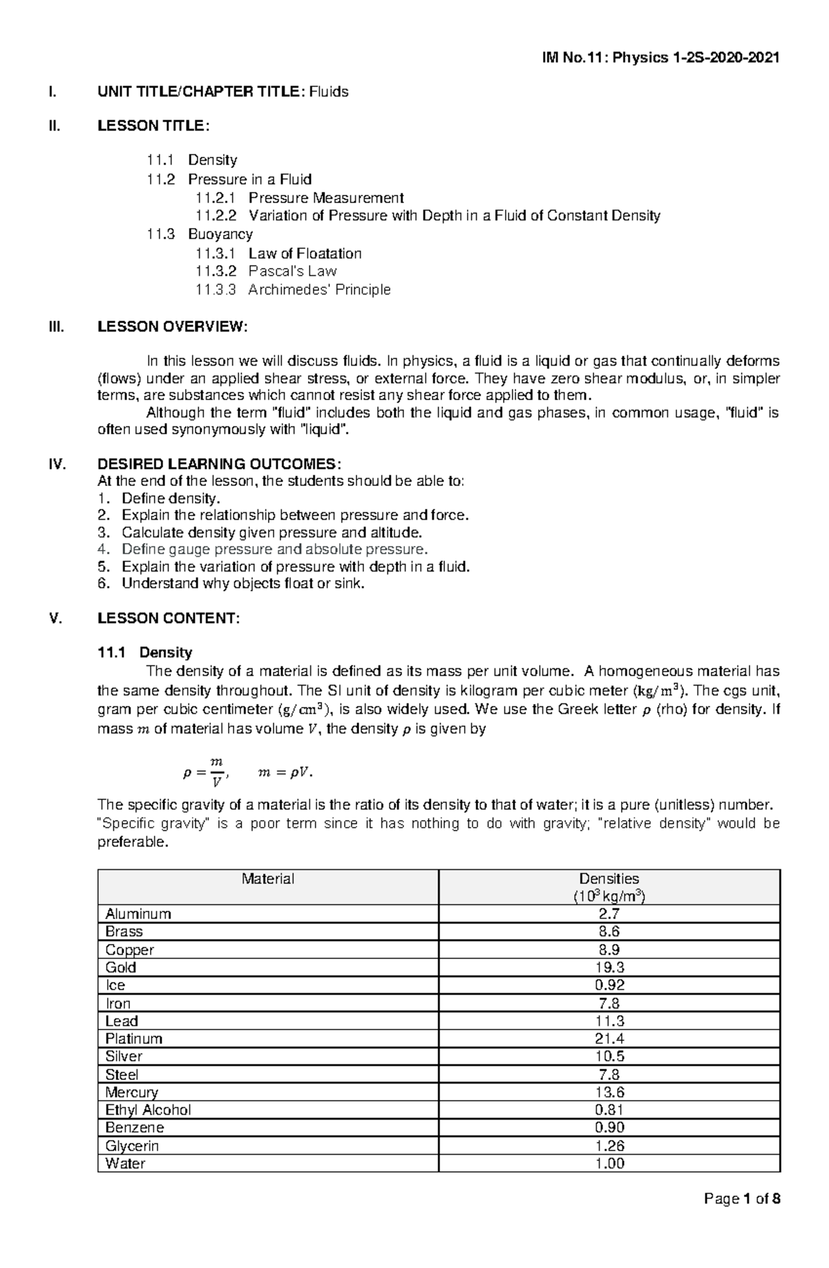 Learning Module in Physics for Engineers_Fluids - I. UNIT TITLE/CHAPTER ...