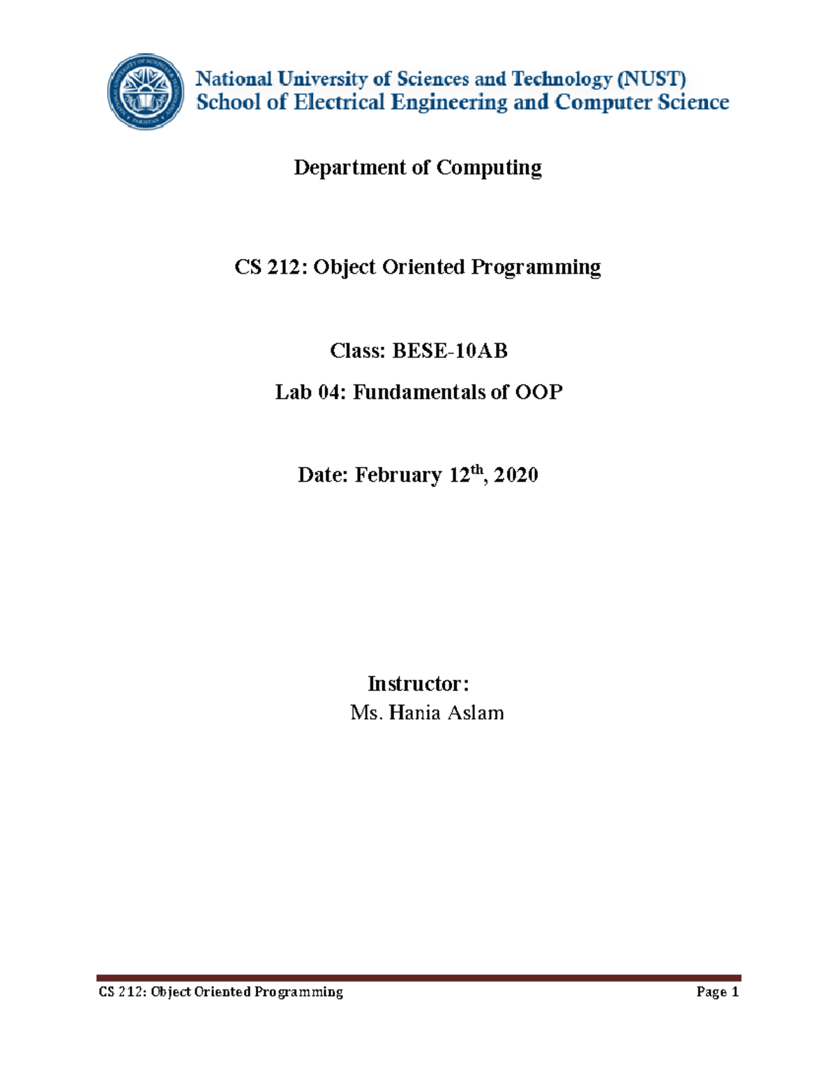 Lab 4 Oop Basics Bese 10 Warning Tt Undefined Function 22 Department Of Computing Cs 212