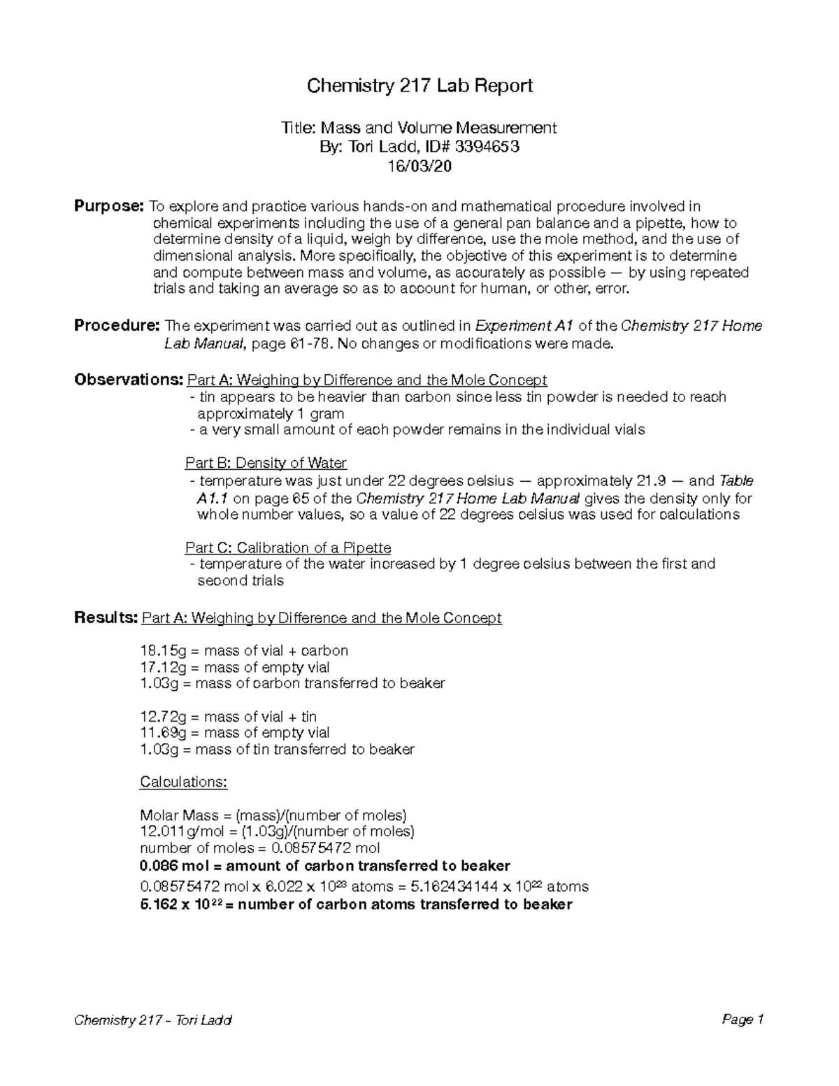 Lab Report - Experiment A1 - Chemistry 217 Lab Report Title: Mass and ...